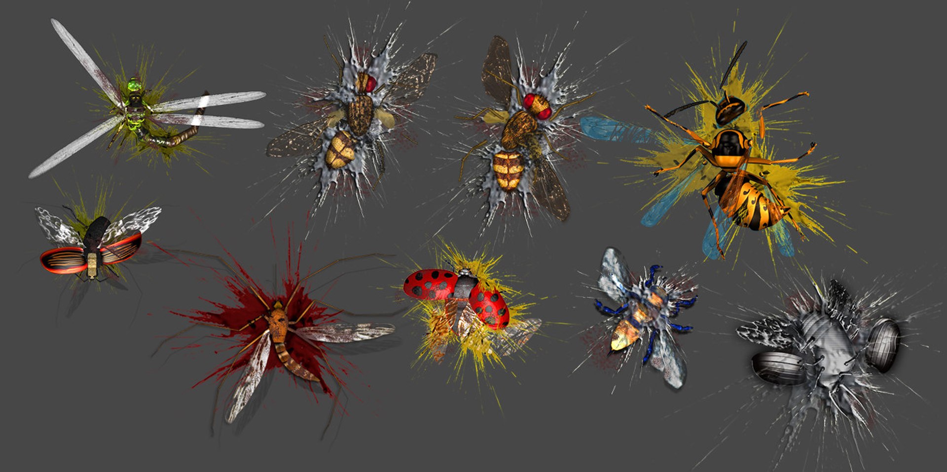 Animated Flying Insects. Dead Insects. Splatters. - TurboSquid 748287