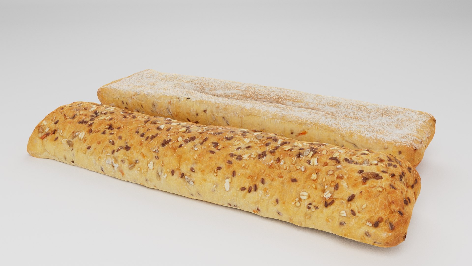 3D Baguette or cut French bread with seeds and spices model ...