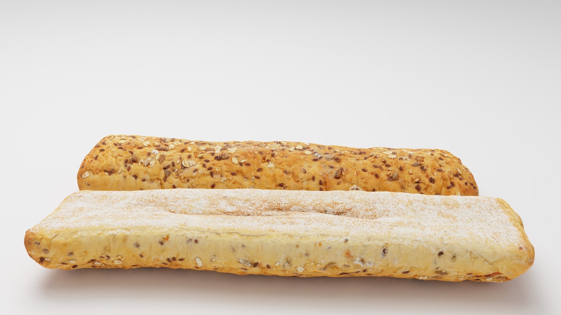 3D Baguette or cut French bread with seeds and spices model ...