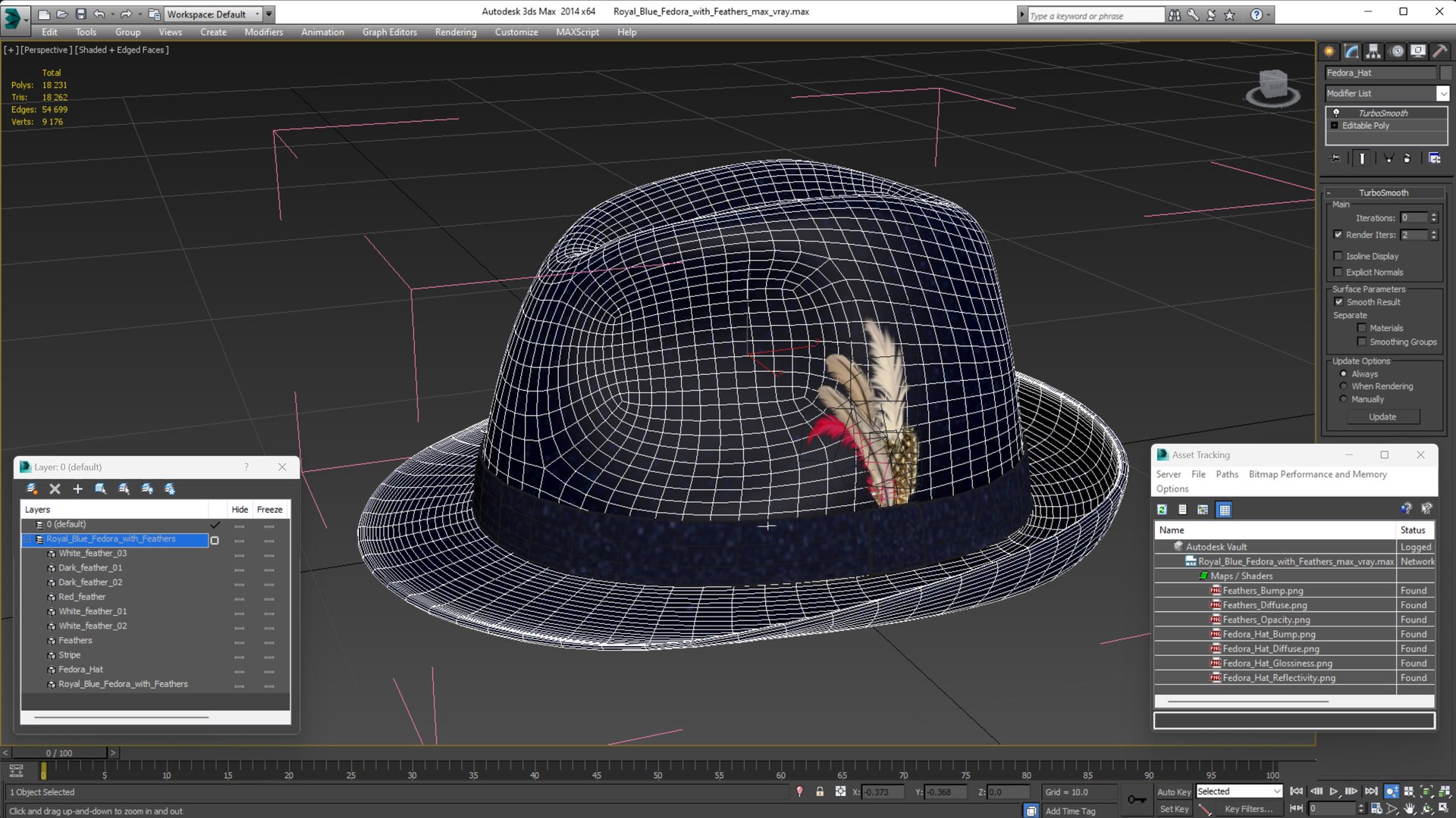 3D Royal Blue Fedora With Feathers Model - TurboSquid 2148557