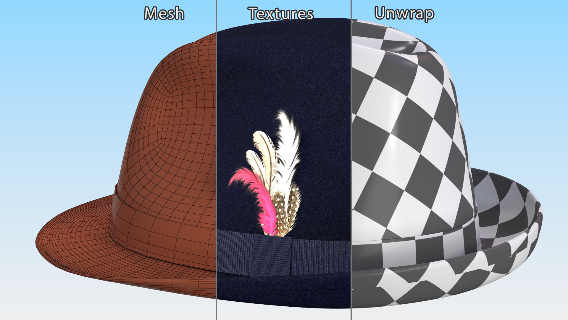 3D Royal Blue Fedora With Feathers Model - TurboSquid 2148557