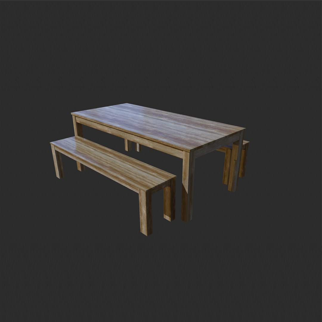 3D Wooden Table X2 Benches - Low Poly - Game ReadyTextured - TurboSquid ...