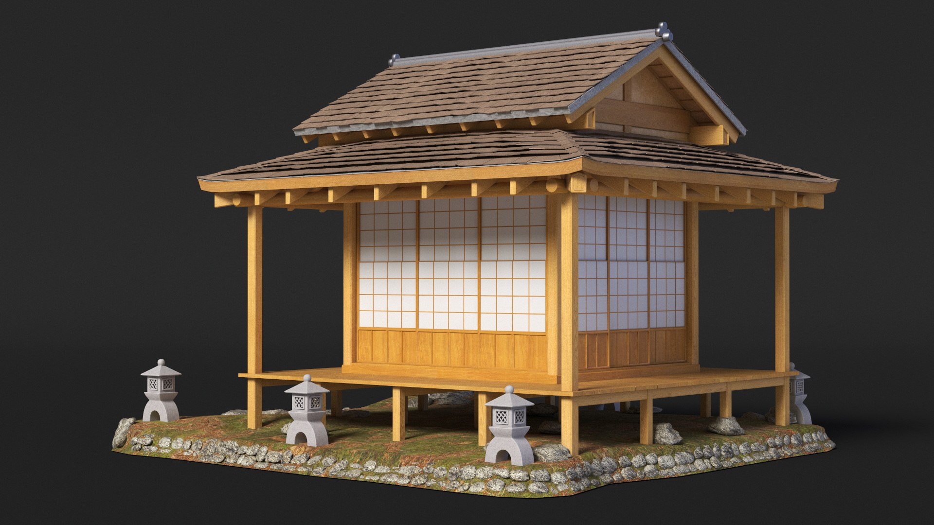 Traditional Japanese Tea House With Stone Lanterns 3D - TurboSquid 2341233
