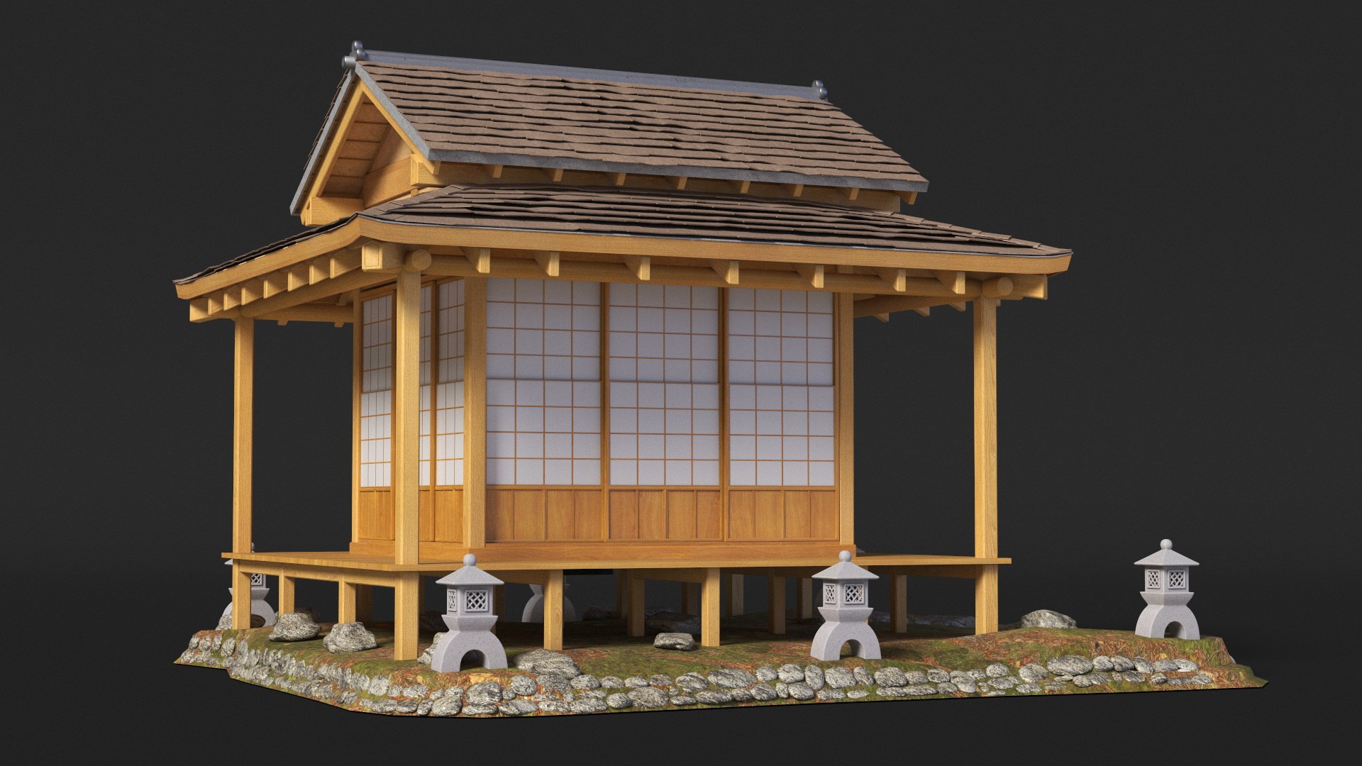 Traditional Japanese Tea House With Stone Lanterns 3D - TurboSquid 2341233