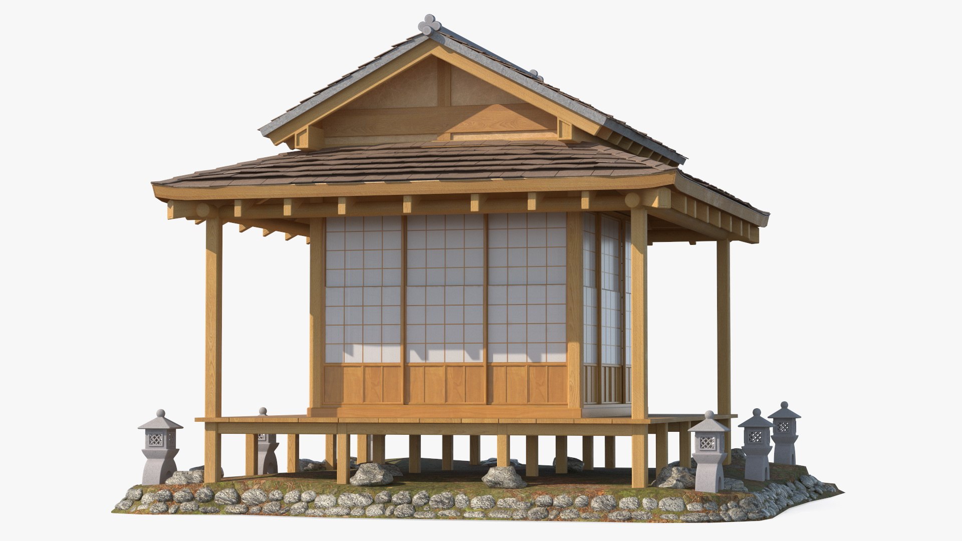 Traditional Japanese Tea House With Stone Lanterns 3D - TurboSquid 2341233