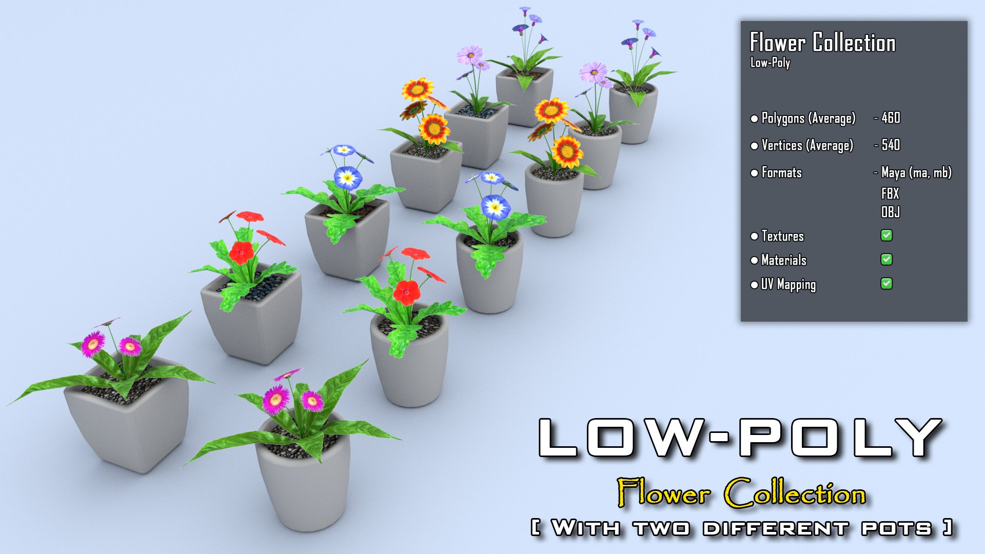 3D 6 Low Poly Flowers Collection 02 With Two Different Pots Low-poly 3D ...