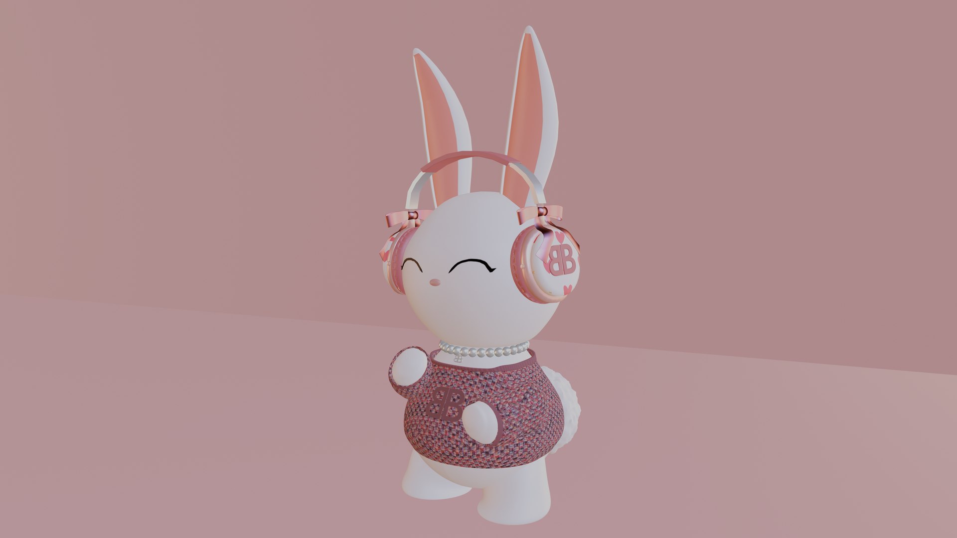 Cute Chibi Bunny 3D Model - Low Poly With Headphones Satin Bows Wool ...