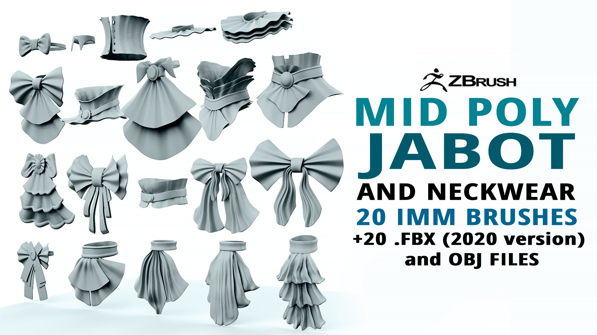 20 character jabot and neckwear midpoly IMM Zbrush set OBJ and FBX ...