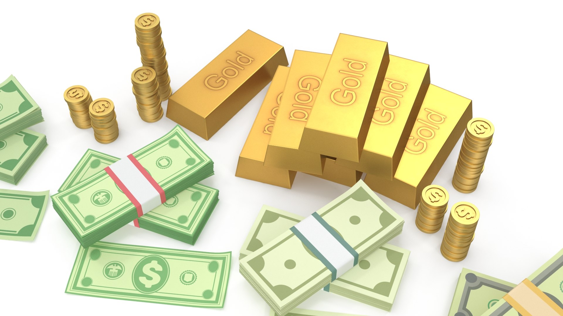 3D Model Cash Coins And Gold Bars - TurboSquid 2352549