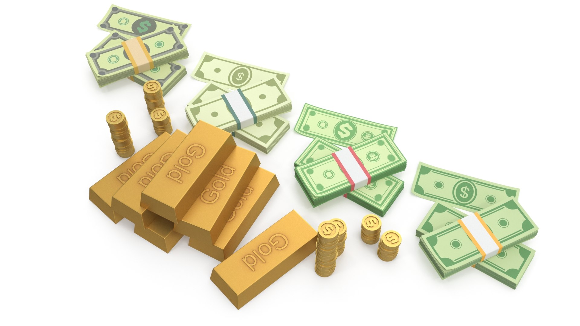 3D Model Cash Coins And Gold Bars - TurboSquid 2352549