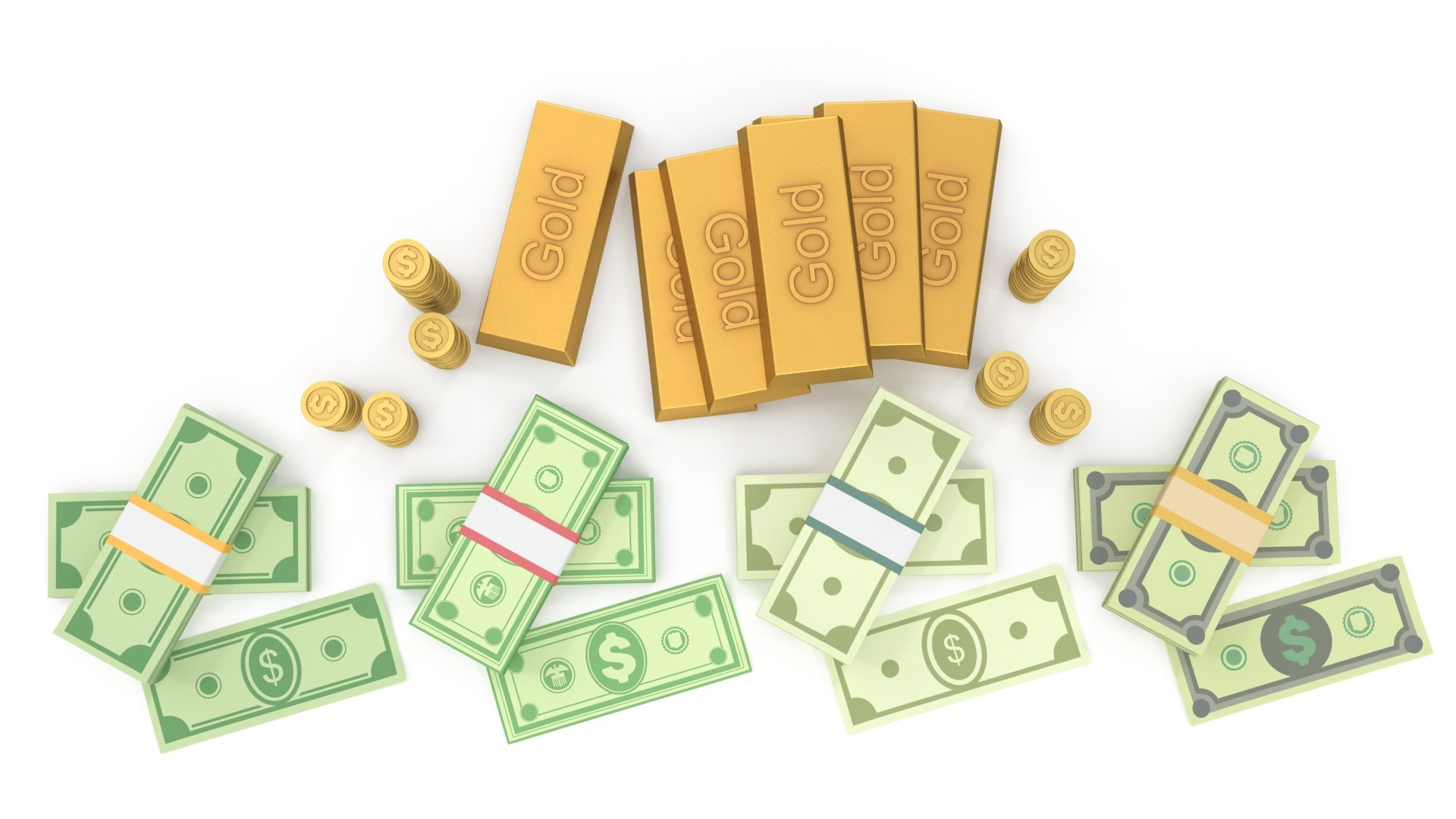 3D Model Cash Coins And Gold Bars - TurboSquid 2352549
