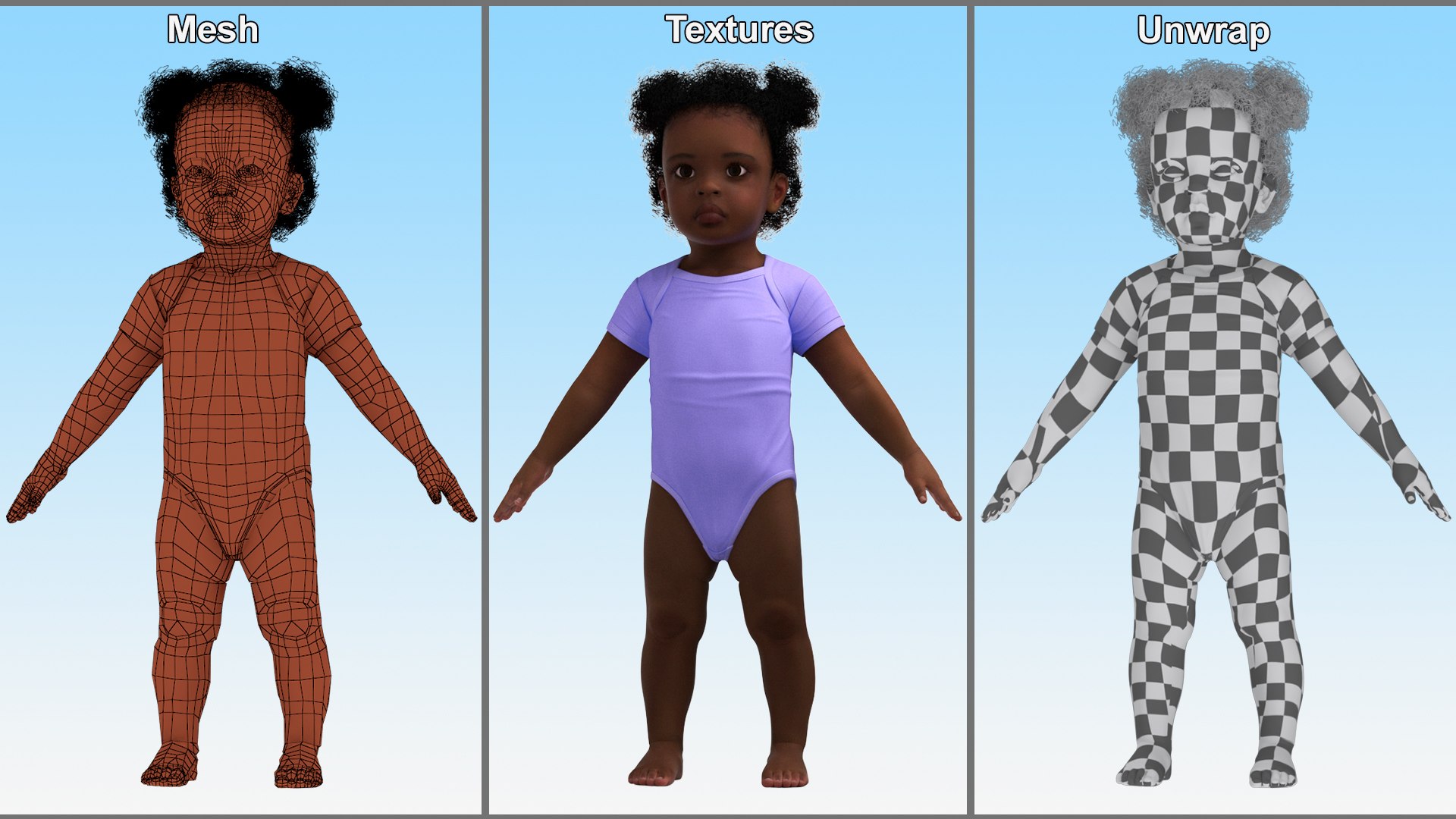 Black Baby Girl Light Skin Wearing Bodysuit A-Pose 3D Model ...