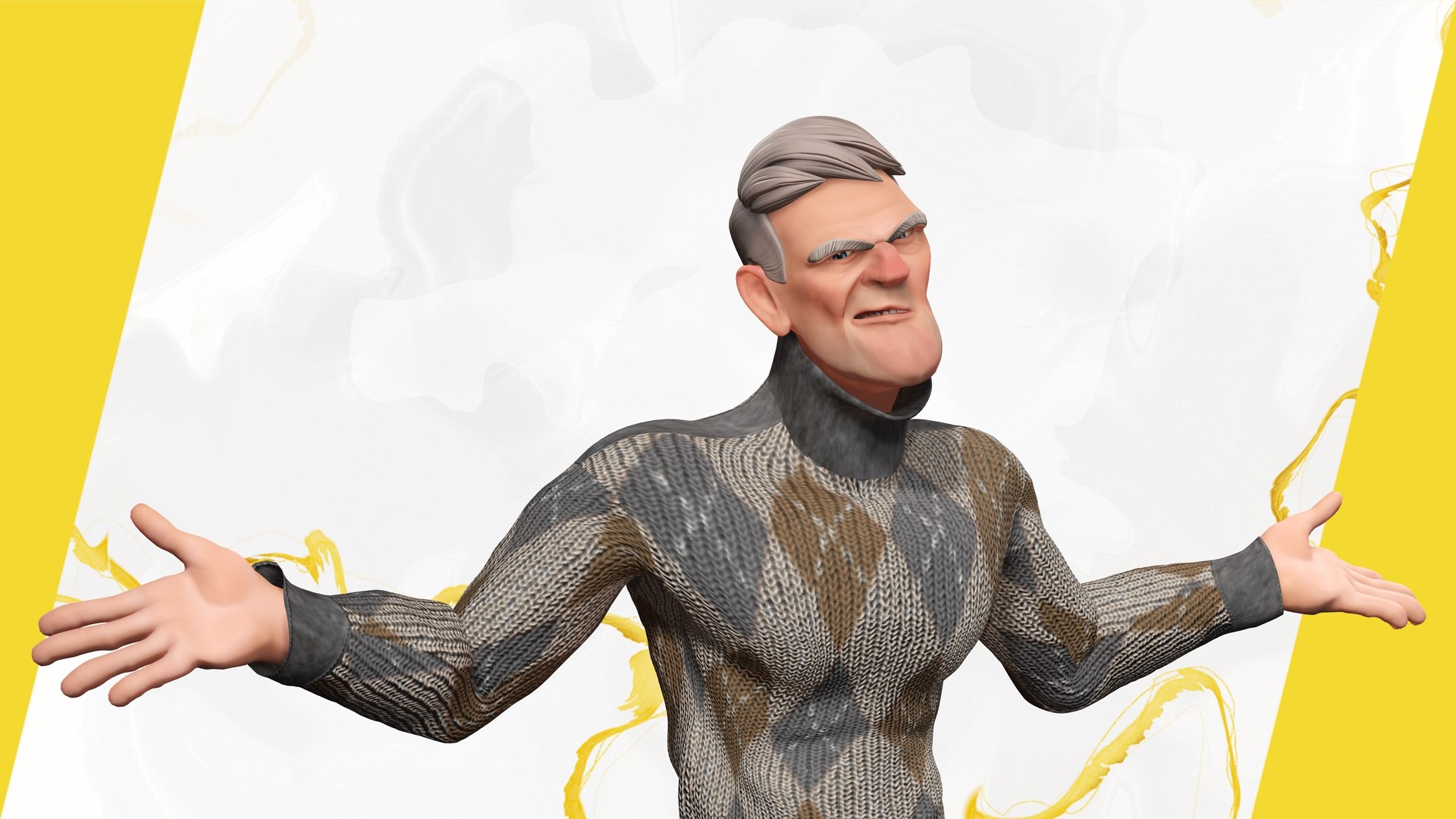 3D Grumpy Elderly Man Character In Winter Sweater Artistic Realism Low ...