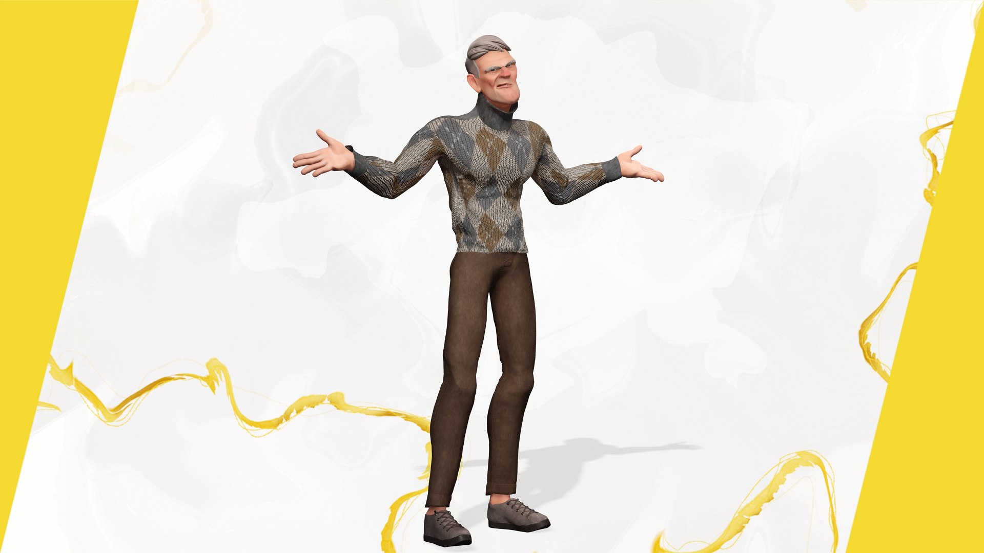 3D Grumpy Elderly Man Character In Winter Sweater Artistic Realism Low ...