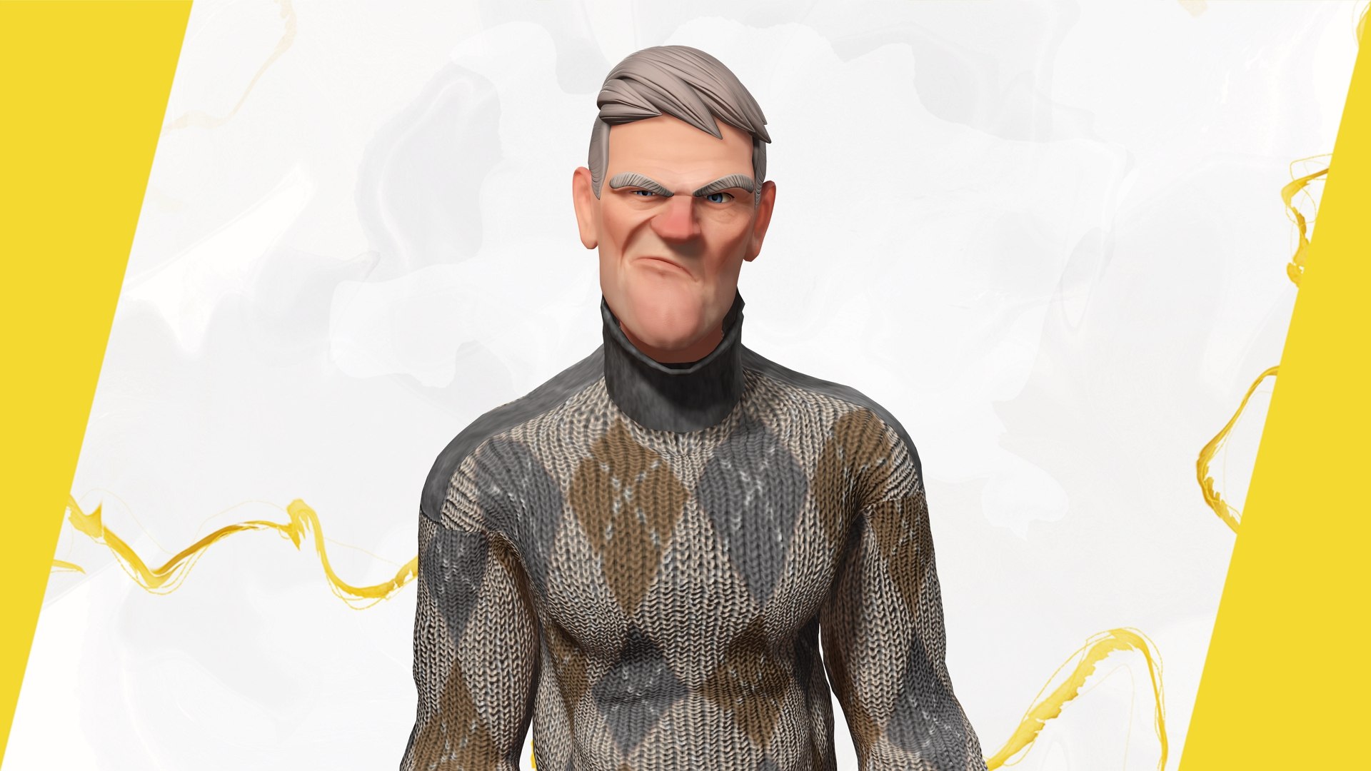 3D Grumpy Elderly Man Character In Winter Sweater Artistic Realism Low ...