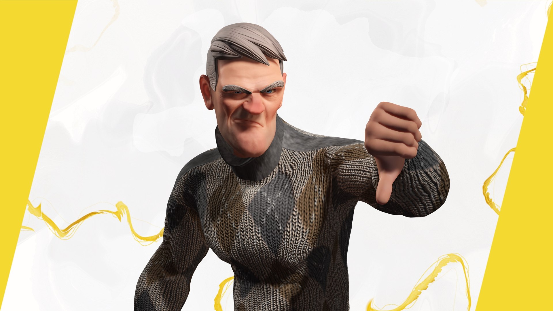 3D Grumpy Elderly Man Character In Winter Sweater Artistic Realism Low ...