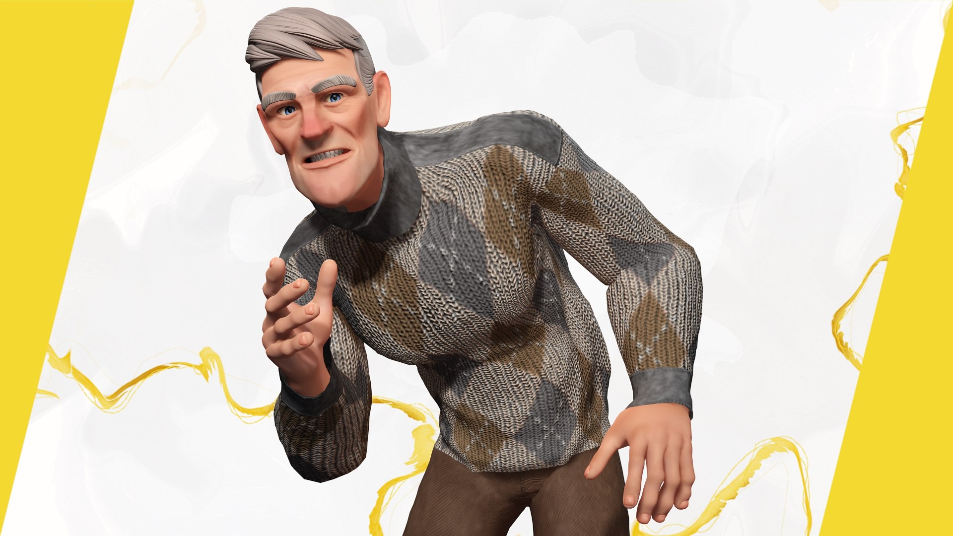 3D Grumpy Elderly Man Character In Winter Sweater Artistic Realism Low ...