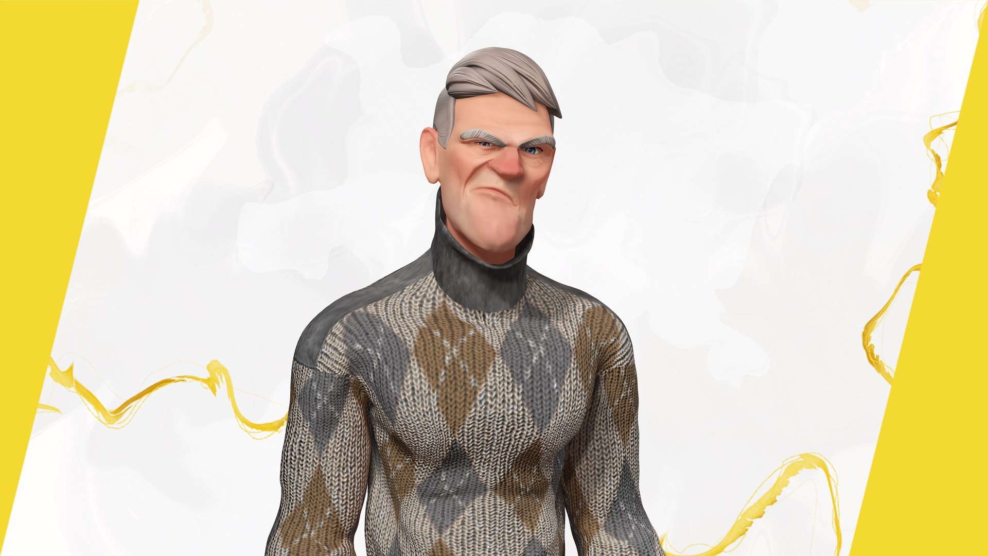 3D Grumpy Elderly Man Character In Winter Sweater Artistic Realism Low ...