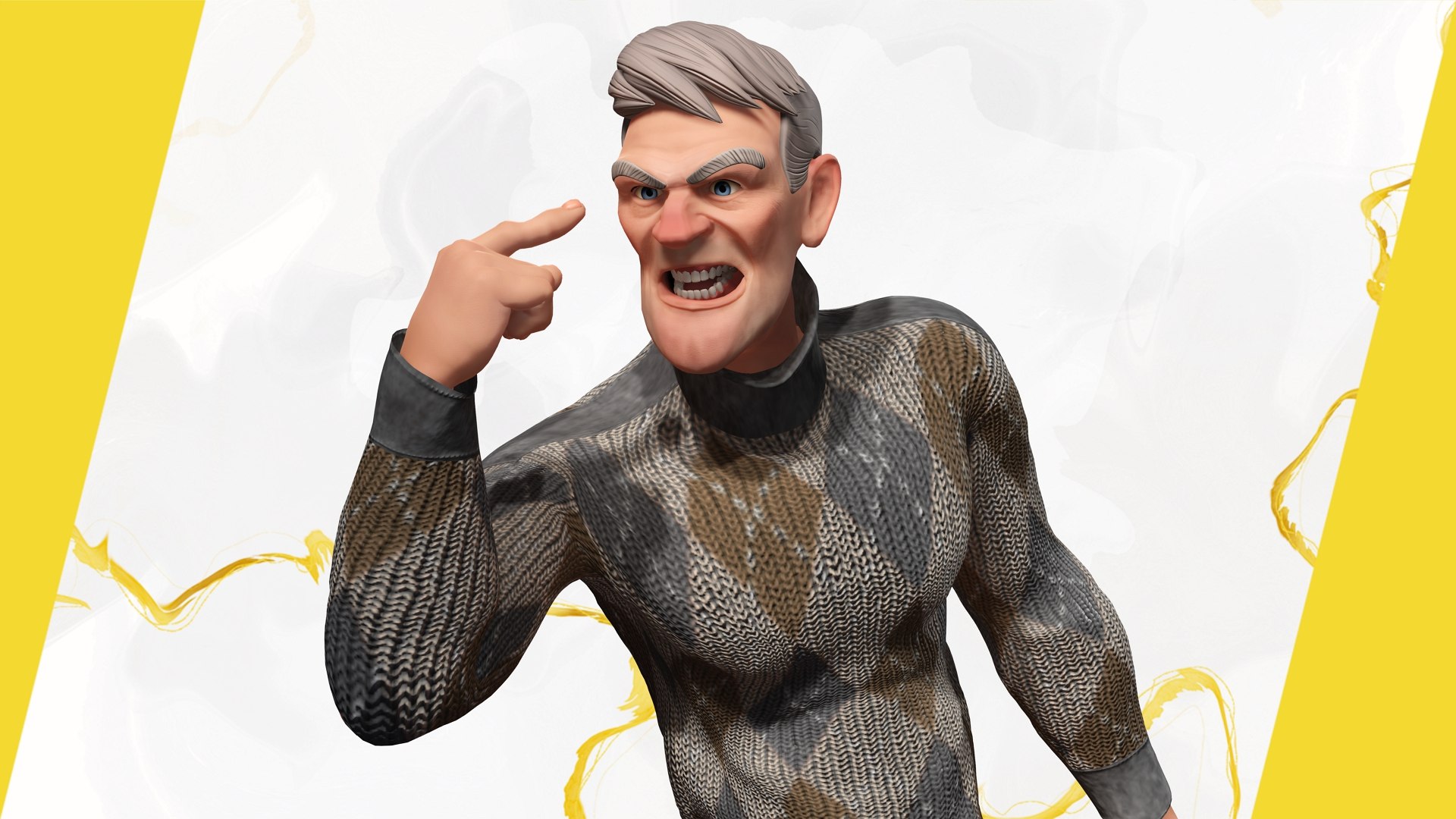 3D Grumpy Elderly Man Character In Winter Sweater Artistic Realism Low ...