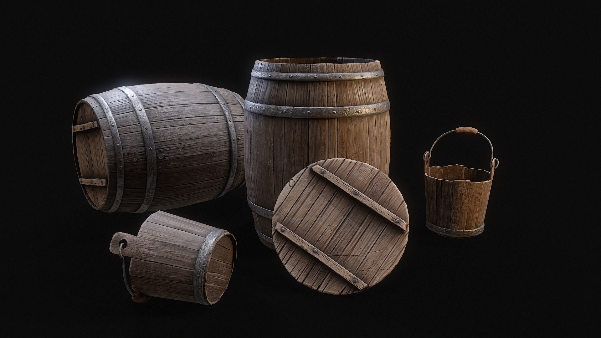 3D Medieval Barrels And Bucket - TurboSquid 2350134