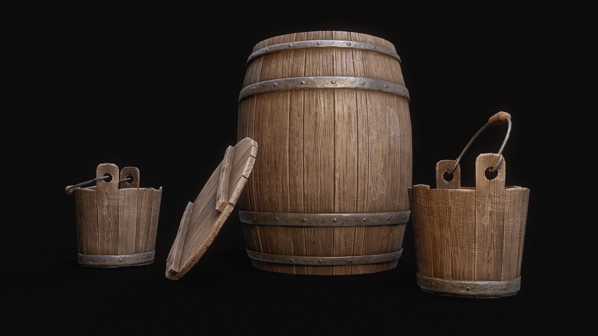 3D Medieval Barrels And Bucket - TurboSquid 2350134
