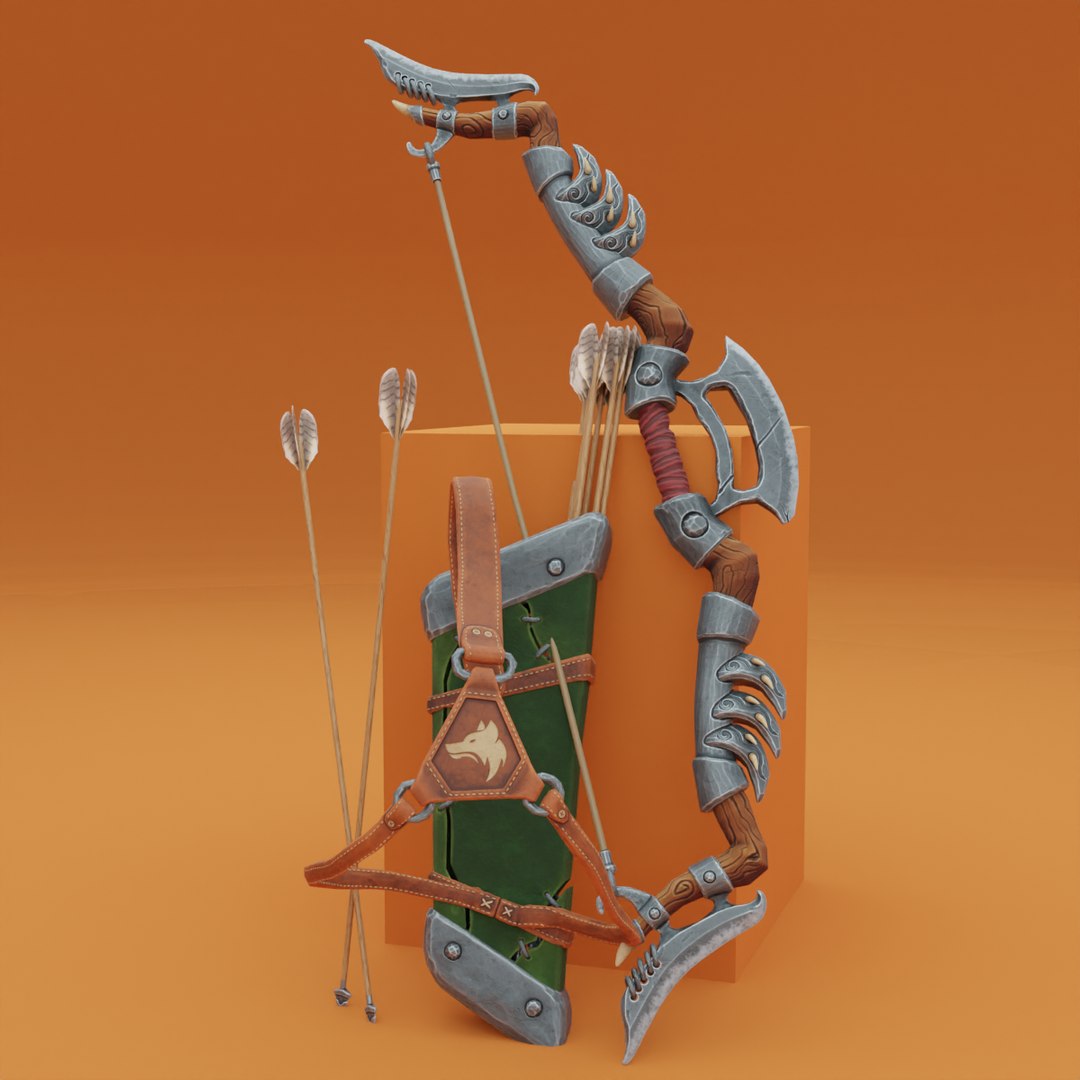 3D Model Fantasy Wooden Bow With Armor Blades And Stylized Quiver ...