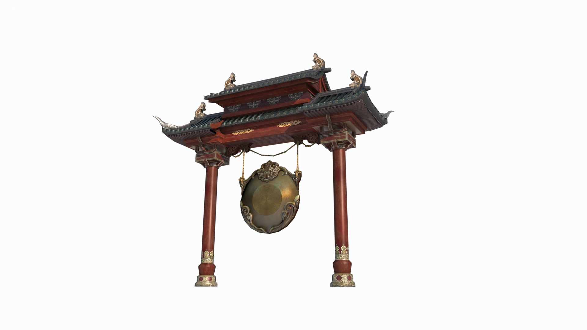 3D Golden gong notice board of ancient Asian architecture model ...