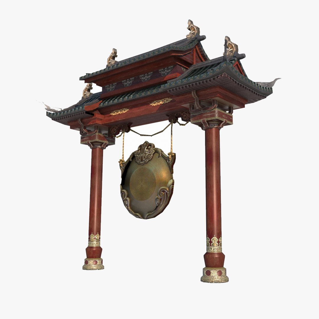3D Golden gong notice board of ancient Asian architecture model ...