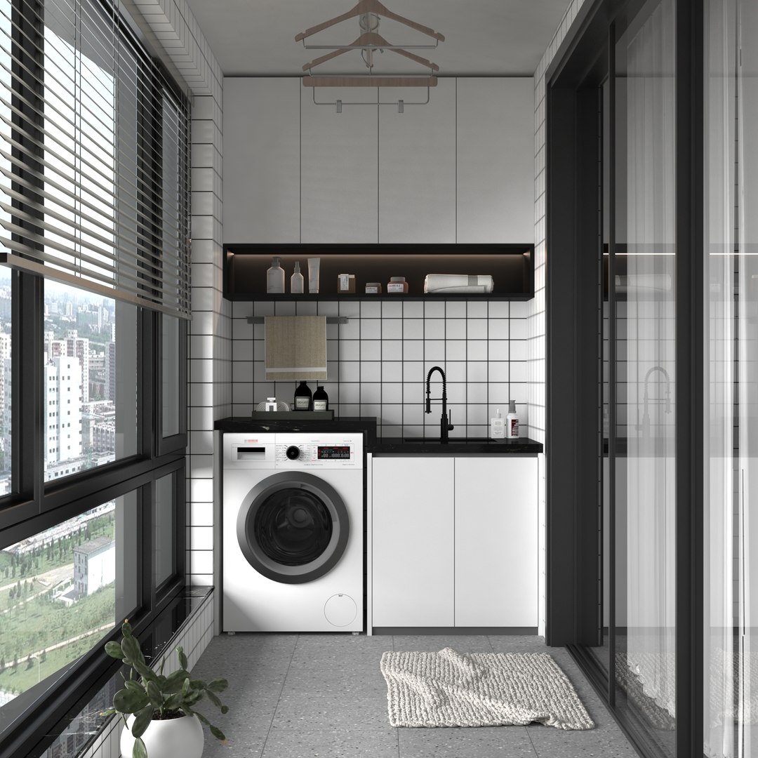 3D Modern Balcony Laundry Cabinet Combination Laundry Room Home ...