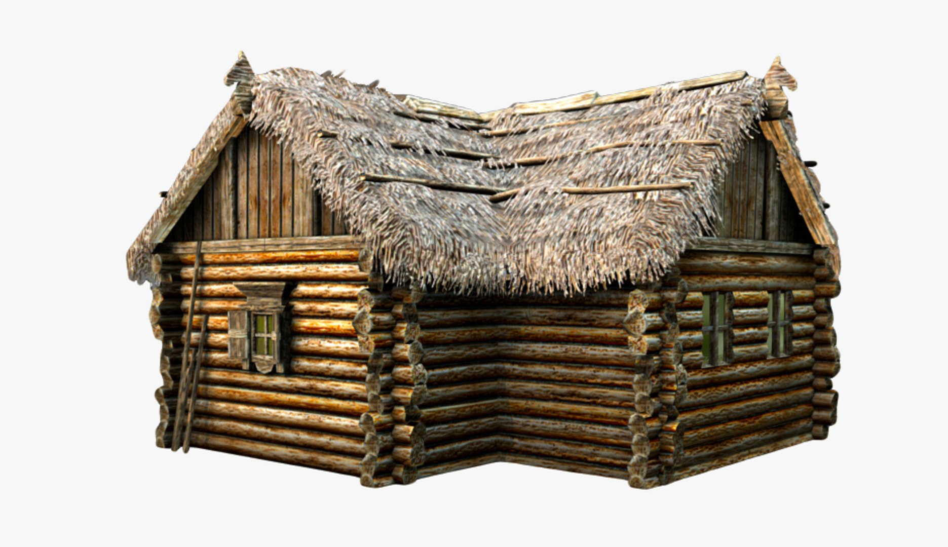 3d wooden thatch house t-shaped