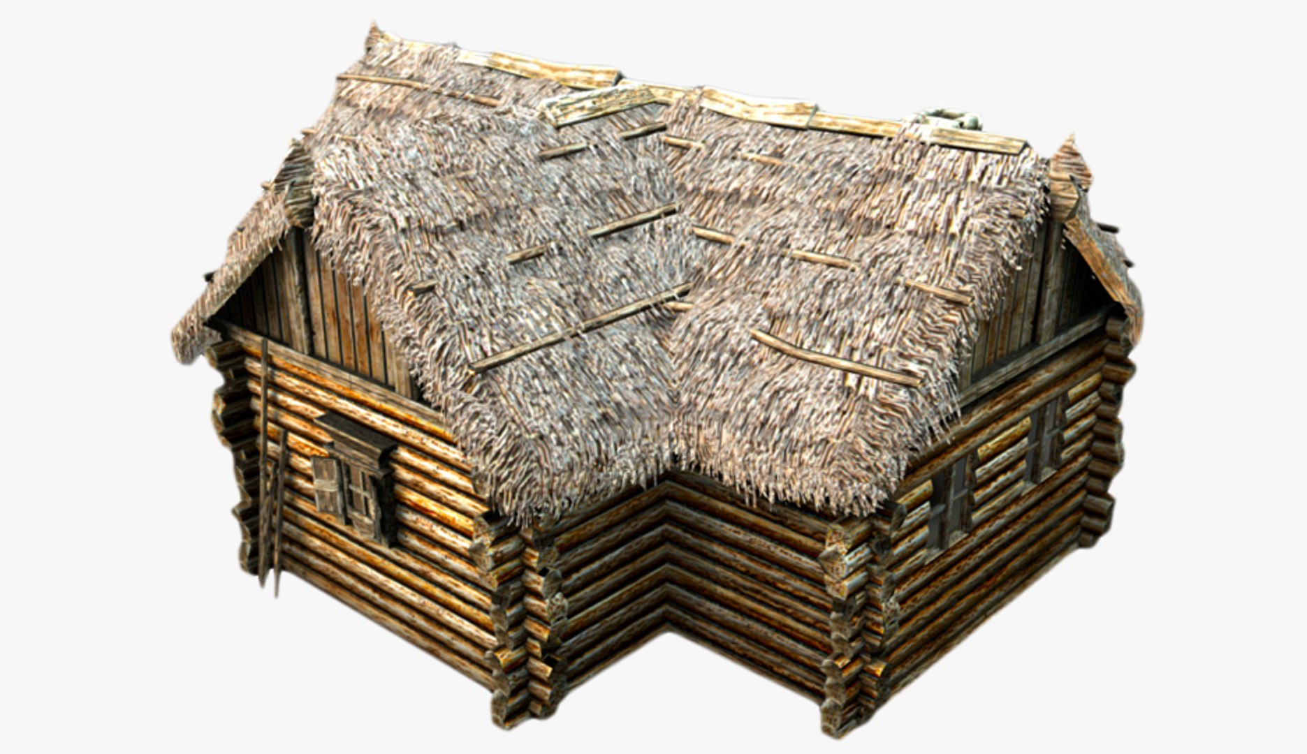 3d wooden thatch house t-shaped