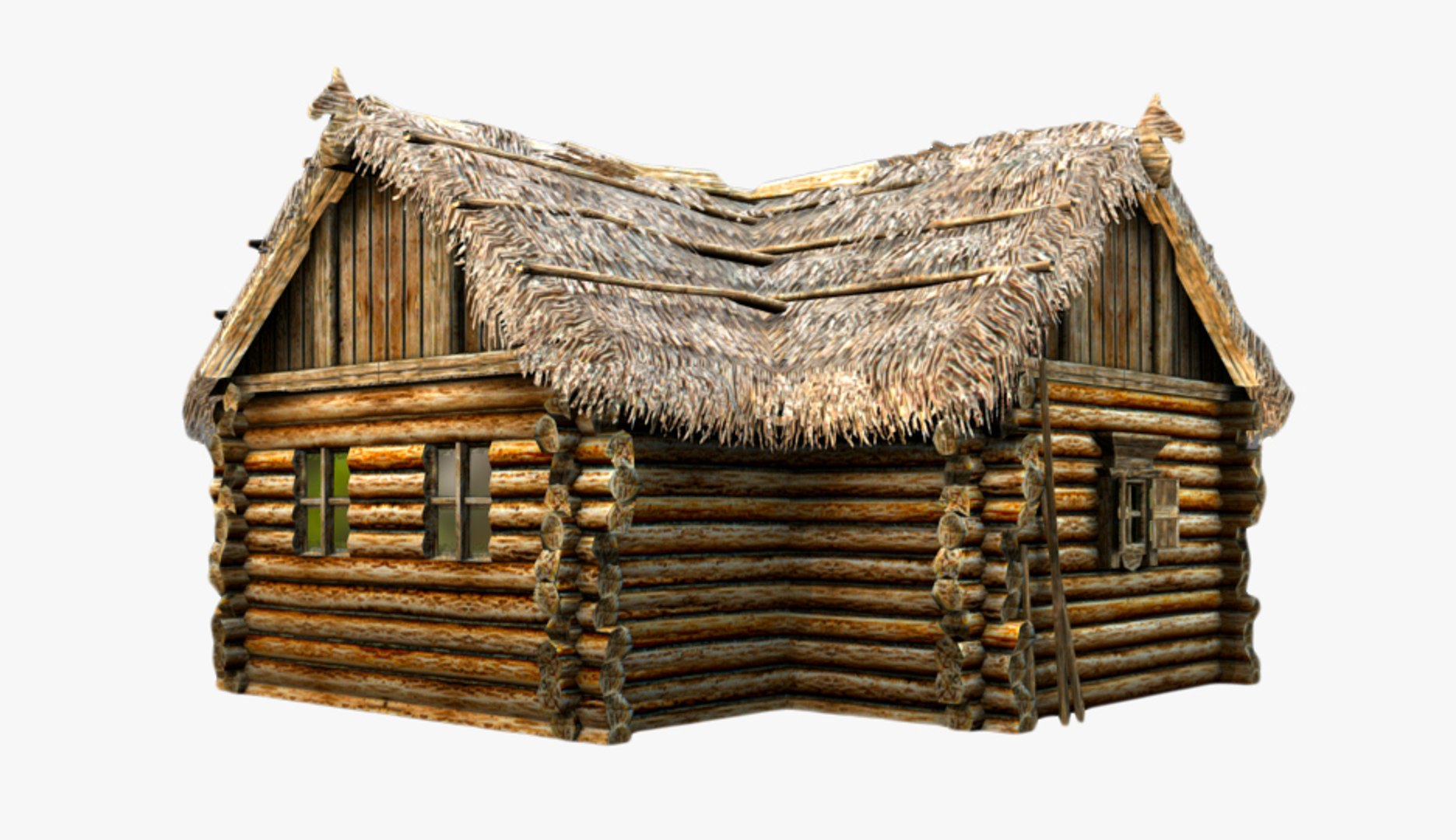 3d wooden thatch house t-shaped