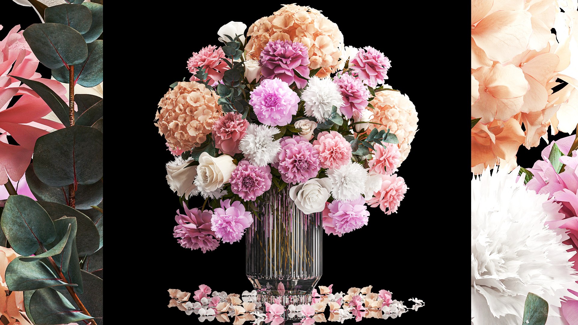 Beautiful bouquet in glass vase rose peonies hydrangea 297 3D model ...