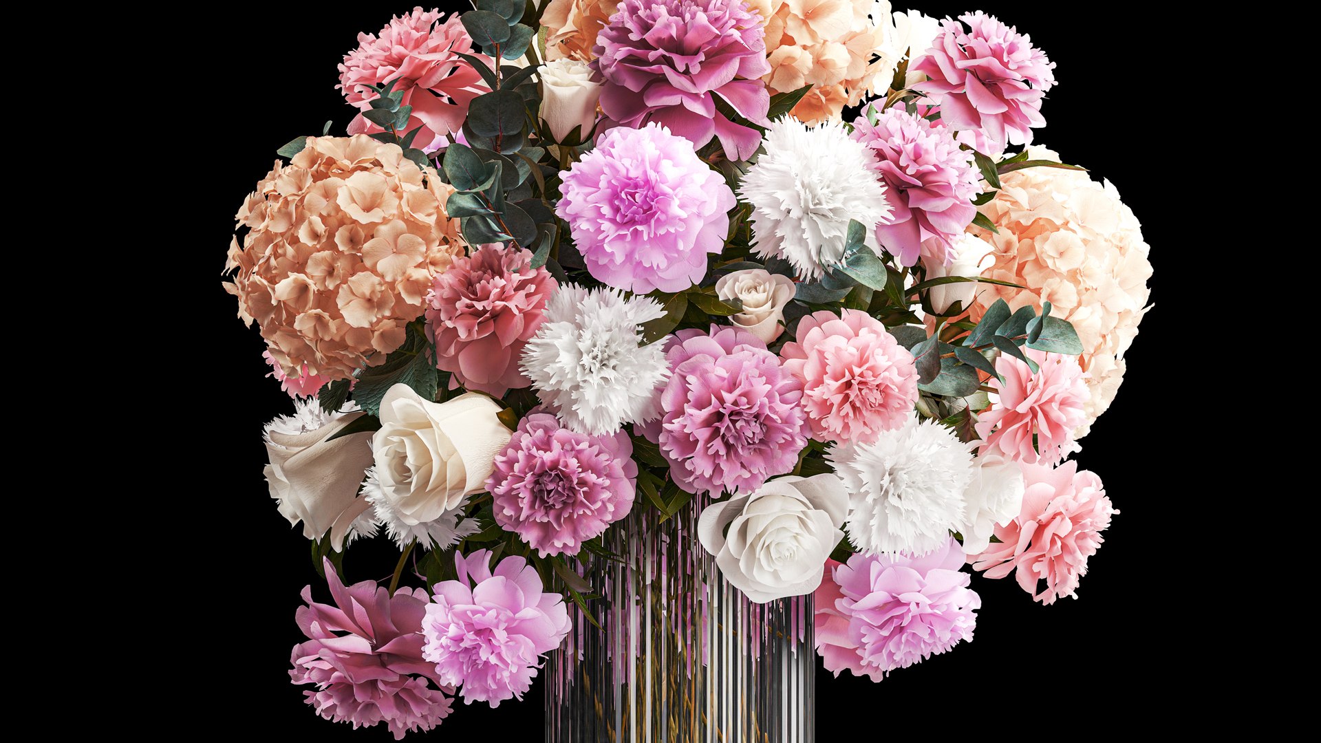 Beautiful bouquet in glass vase rose peonies hydrangea 297 3D model ...
