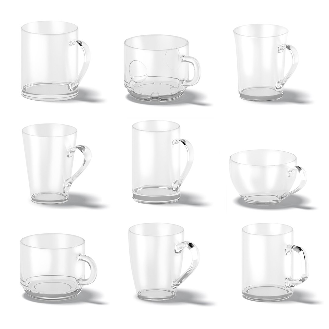 3D 10 Glass Mug Shapes - Transparent Cups With Different Forms And ...