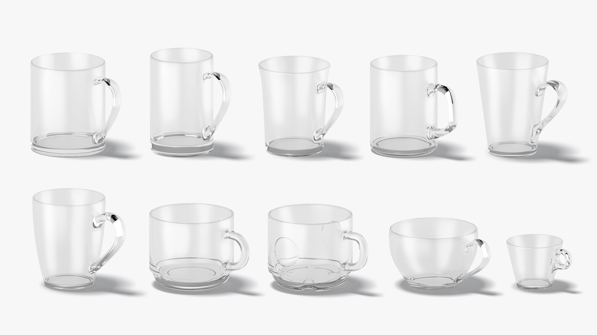 3D 10 Glass Mug Shapes - Transparent Cups With Different Forms And ...