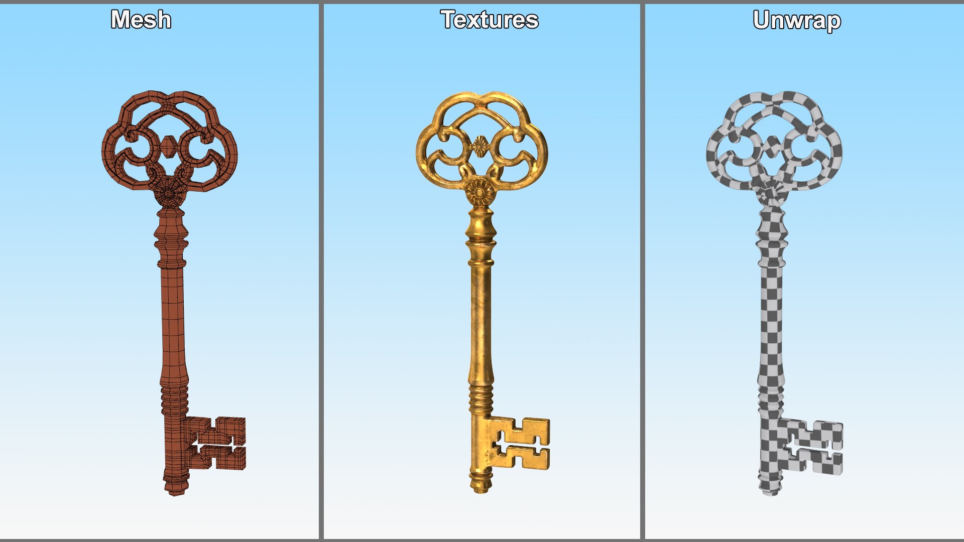 3D Antique Ornate Skeleton Key Gold - TurboSquid 2243587
