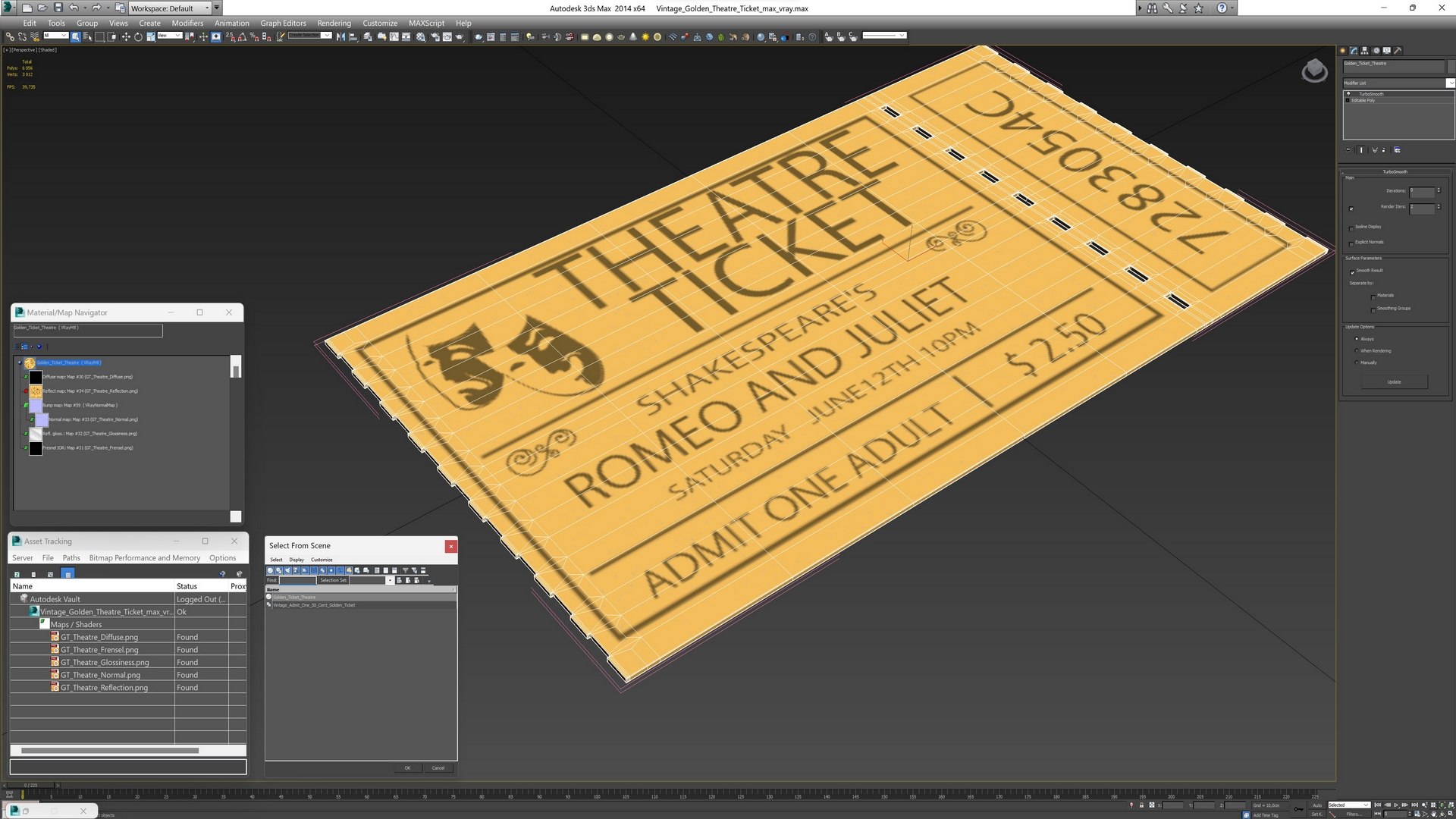 3D Vintage Golden Theatre Ticket Model - TurboSquid 2238362
