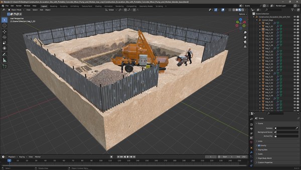 modelo 3d Sitio de excavación de construcción con bomba mezcladora de concreto portátil y ...