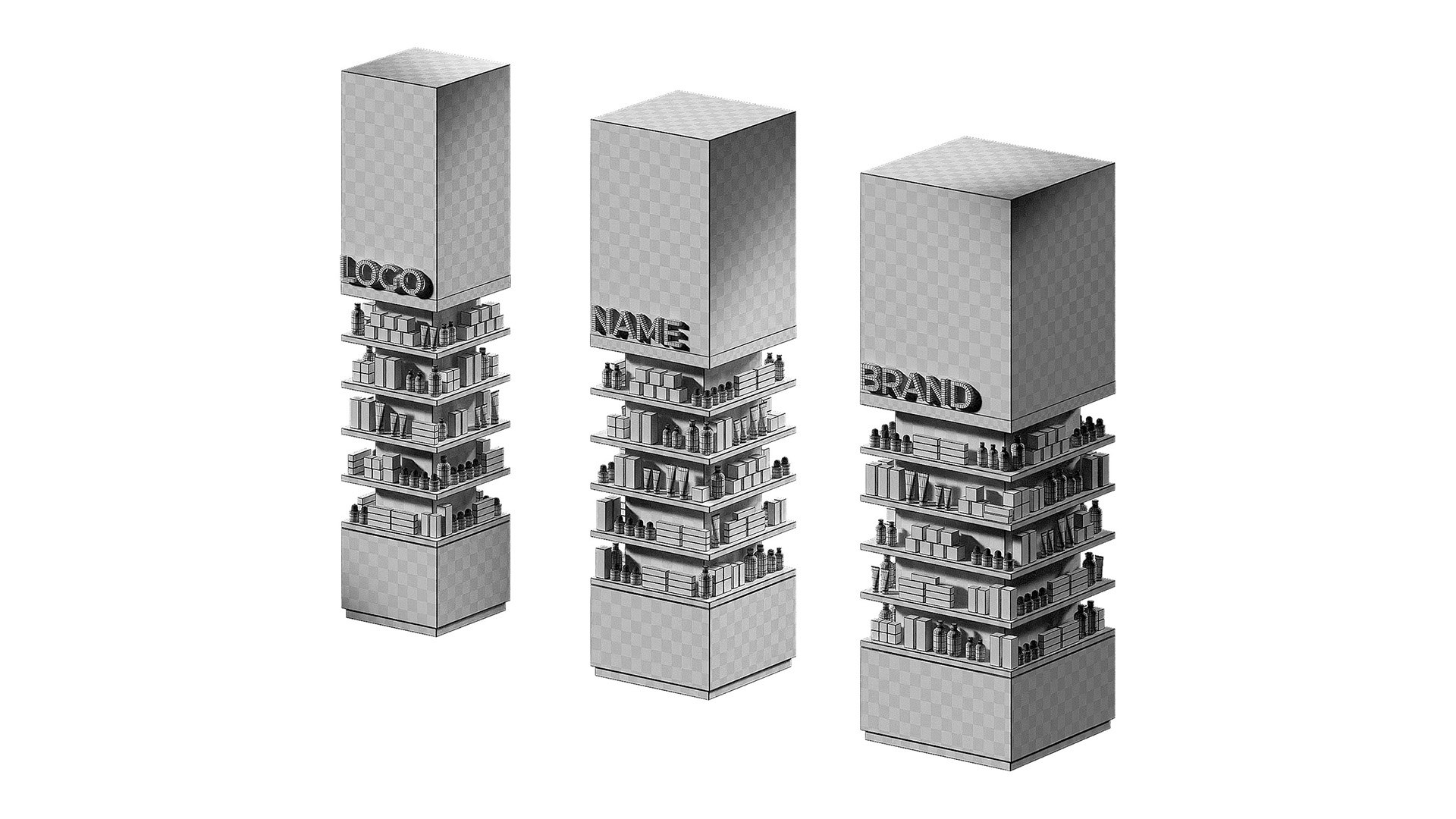 3D Columns Rack With Trade Products Square Showcase With Cosmetics ...