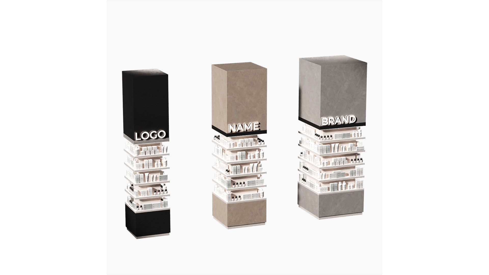 3D Columns Rack With Trade Products Square Showcase With Cosmetics ...