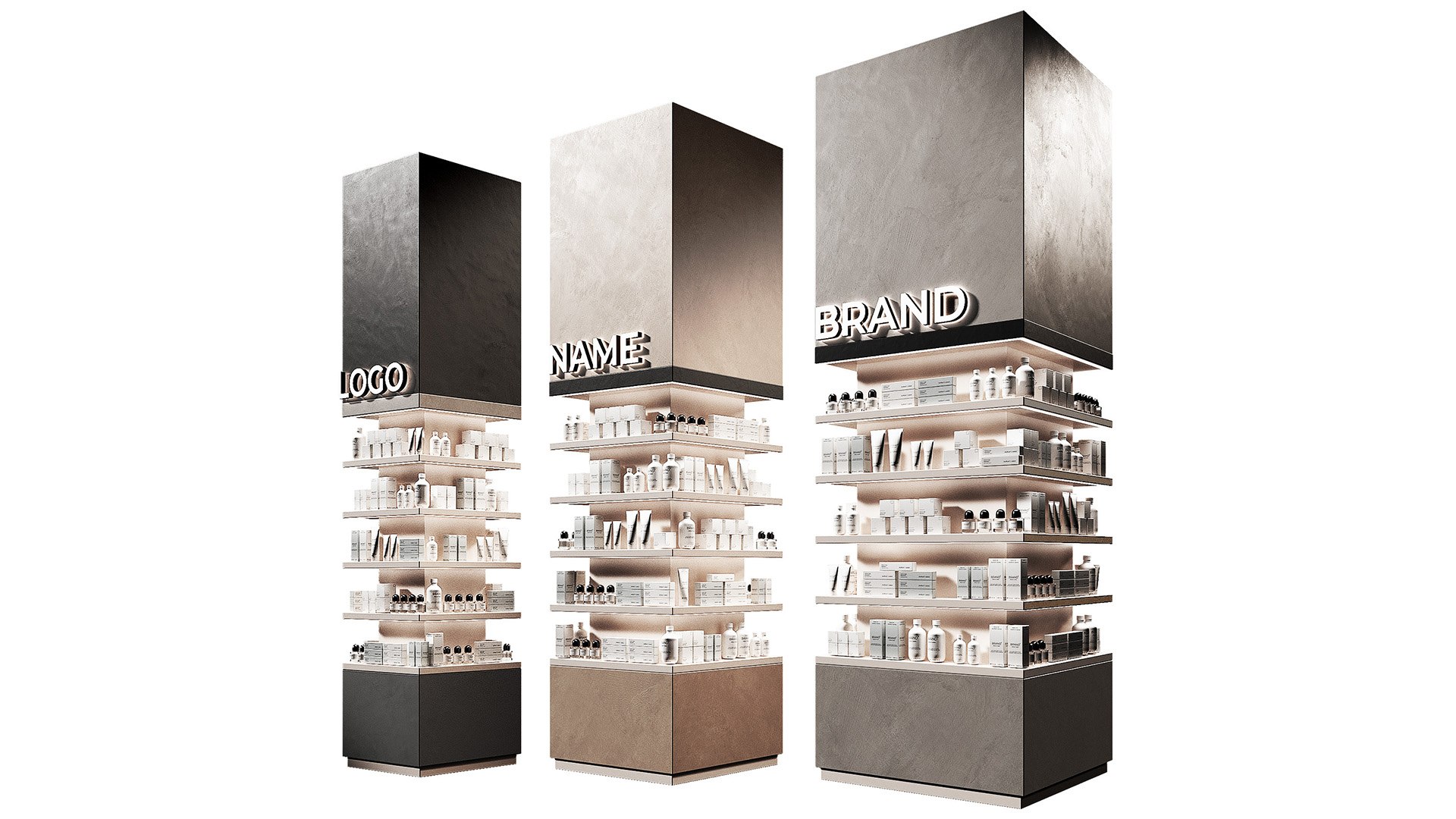 3D Columns Rack With Trade Products Square Showcase With Cosmetics ...