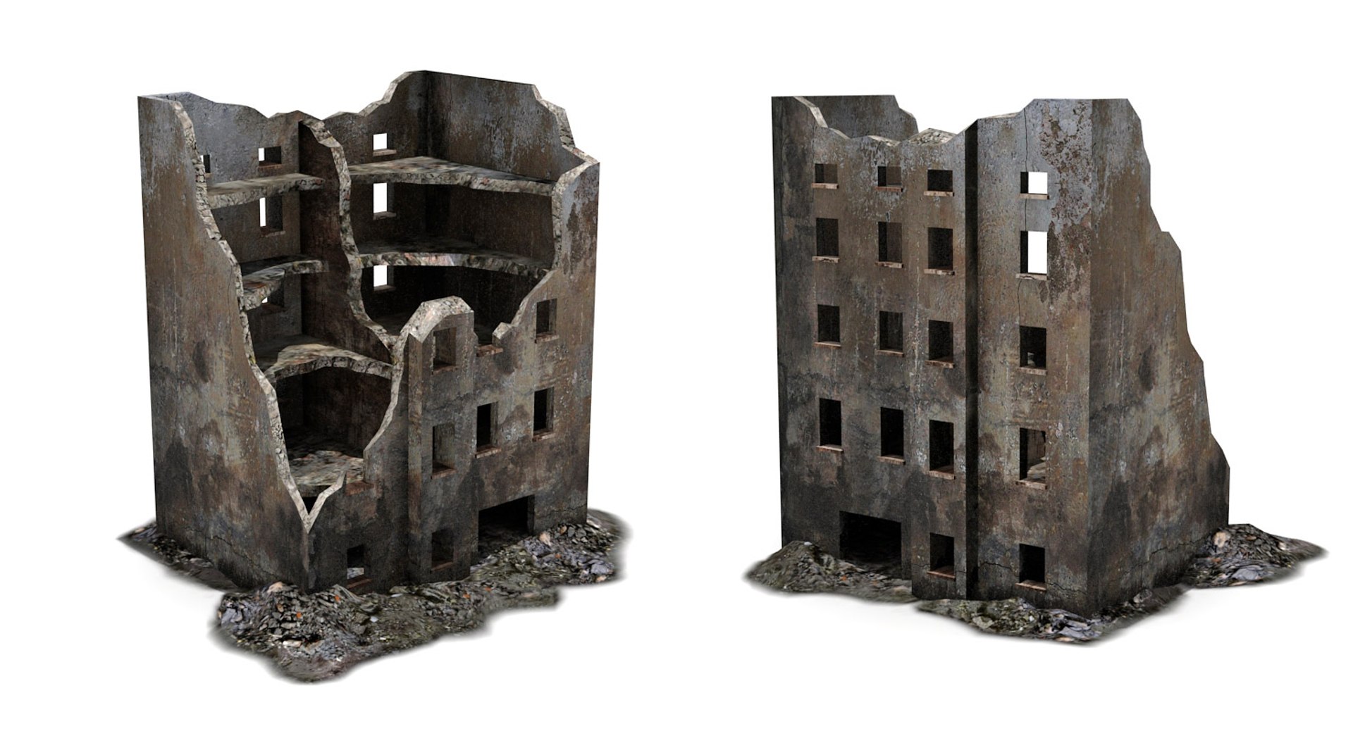 3d Ruined Building 2 Damaged