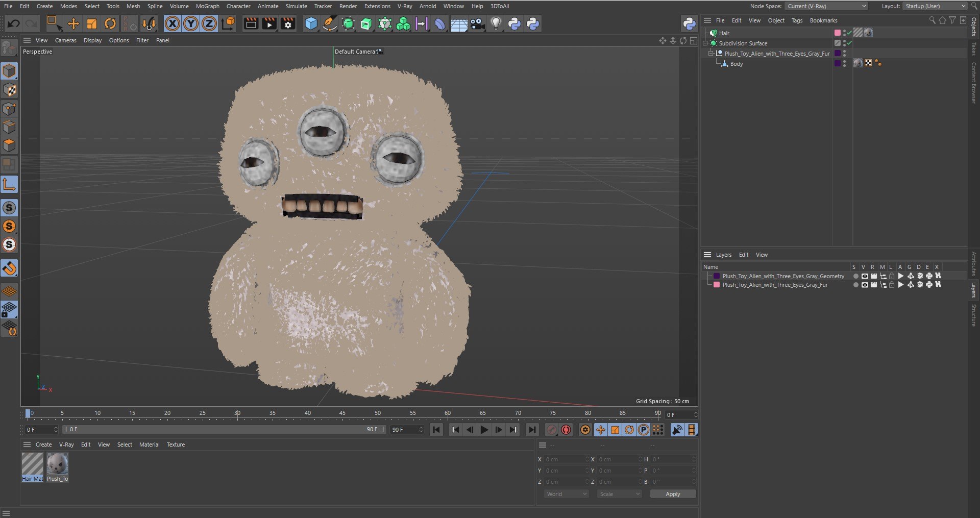 3D Plush Toy Alien With Three Eyes Gray Fur For Cinema 4D Model ...