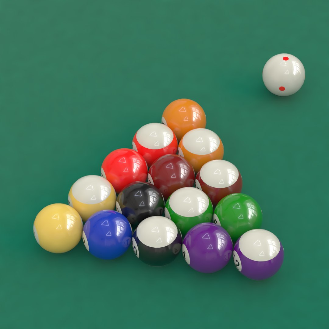 3D 15 billiards balls aligned with a white Aramith cue ball with 6 red ...
