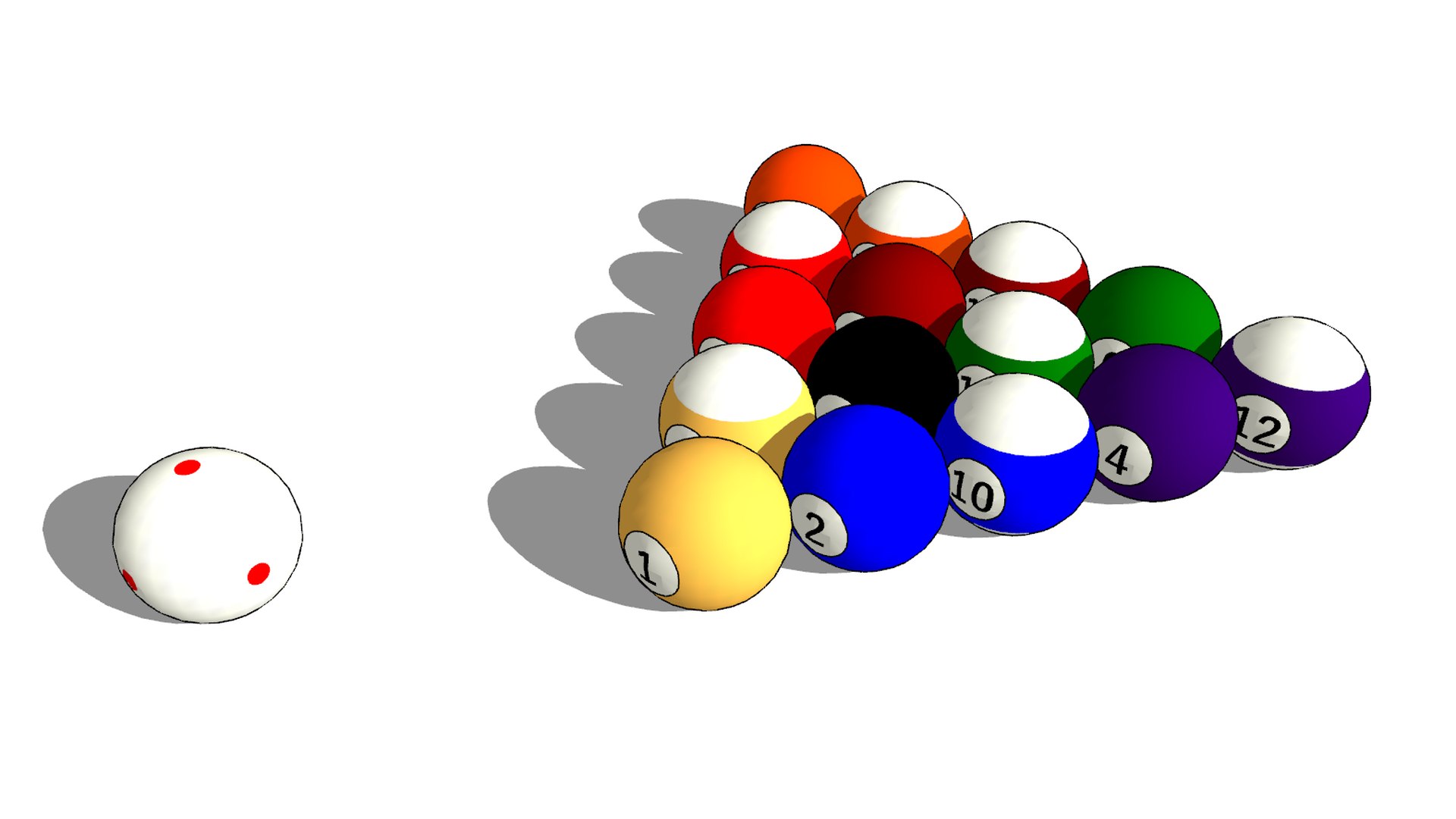 3D 15 billiards balls aligned with a white Aramith cue ball with 6 red ...