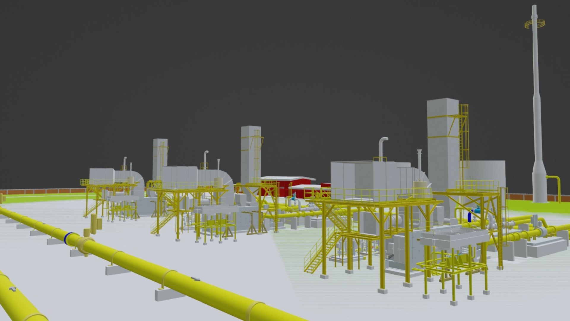 3D Gas Compression Plant With Triple Turbines And Piping System ...