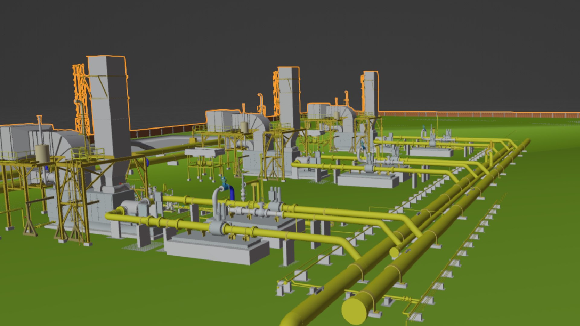 3D Gas Compression Plant With Triple Turbines And Piping System ...