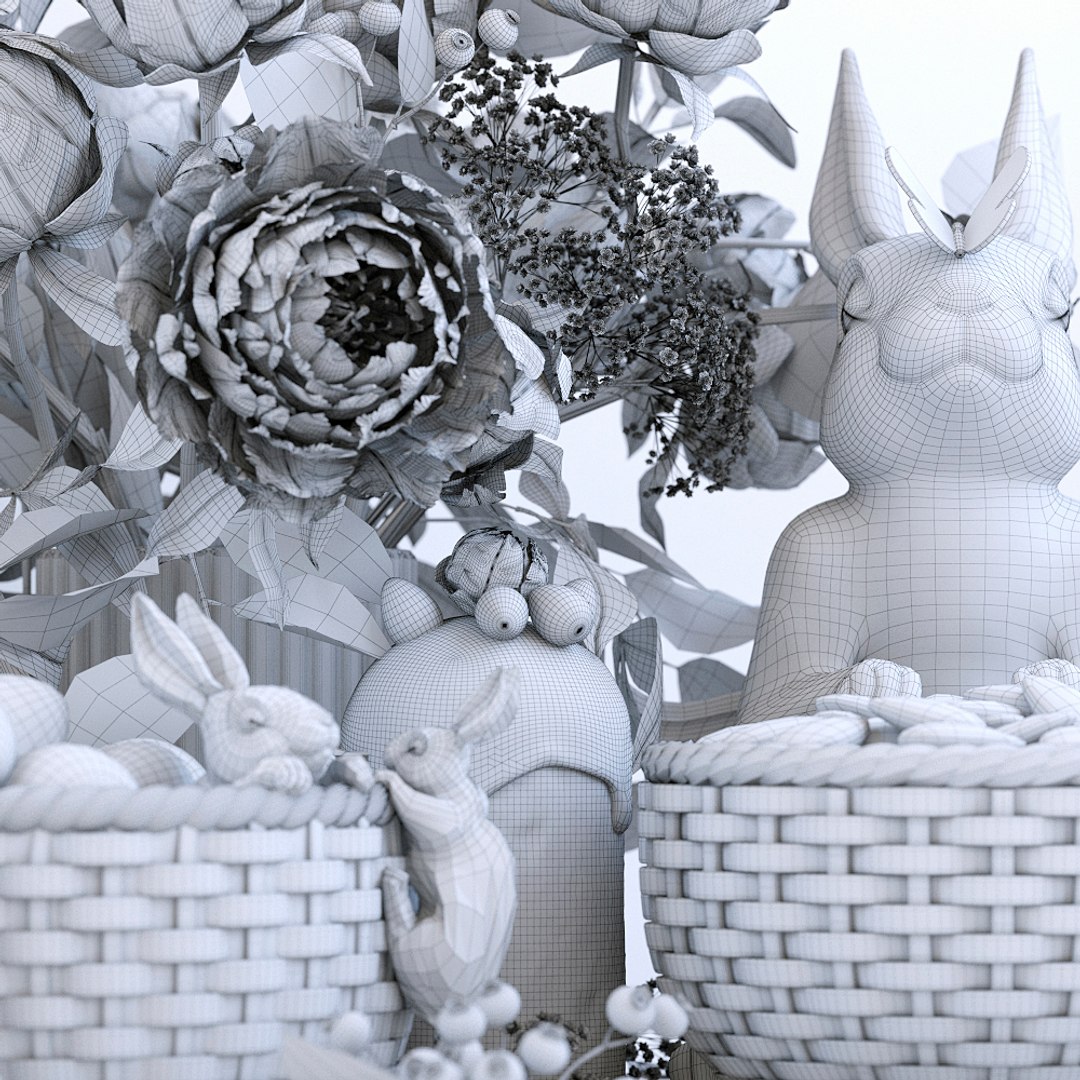 3D Easter Set Rabbits Flowers - TurboSquid 1543659