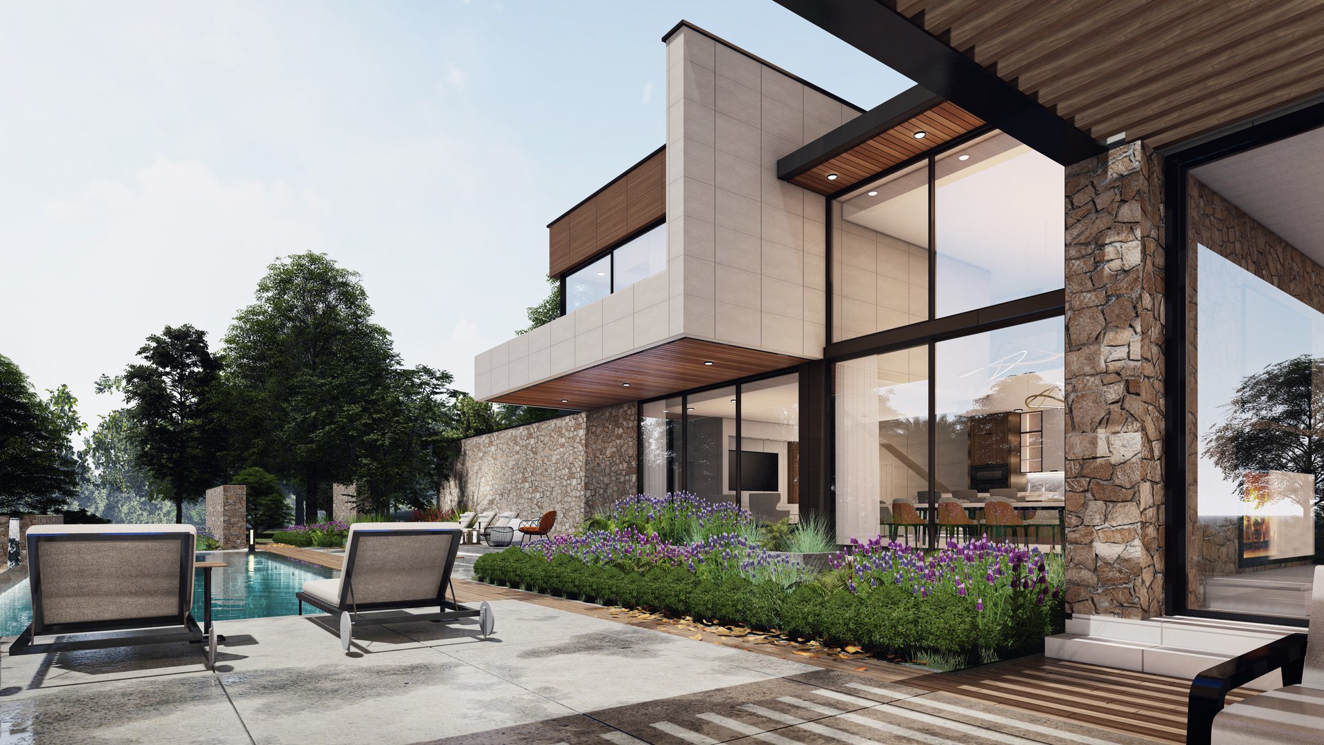 Modern Hill House Exterior Scene with kitchen bedroom furniture 3D ...